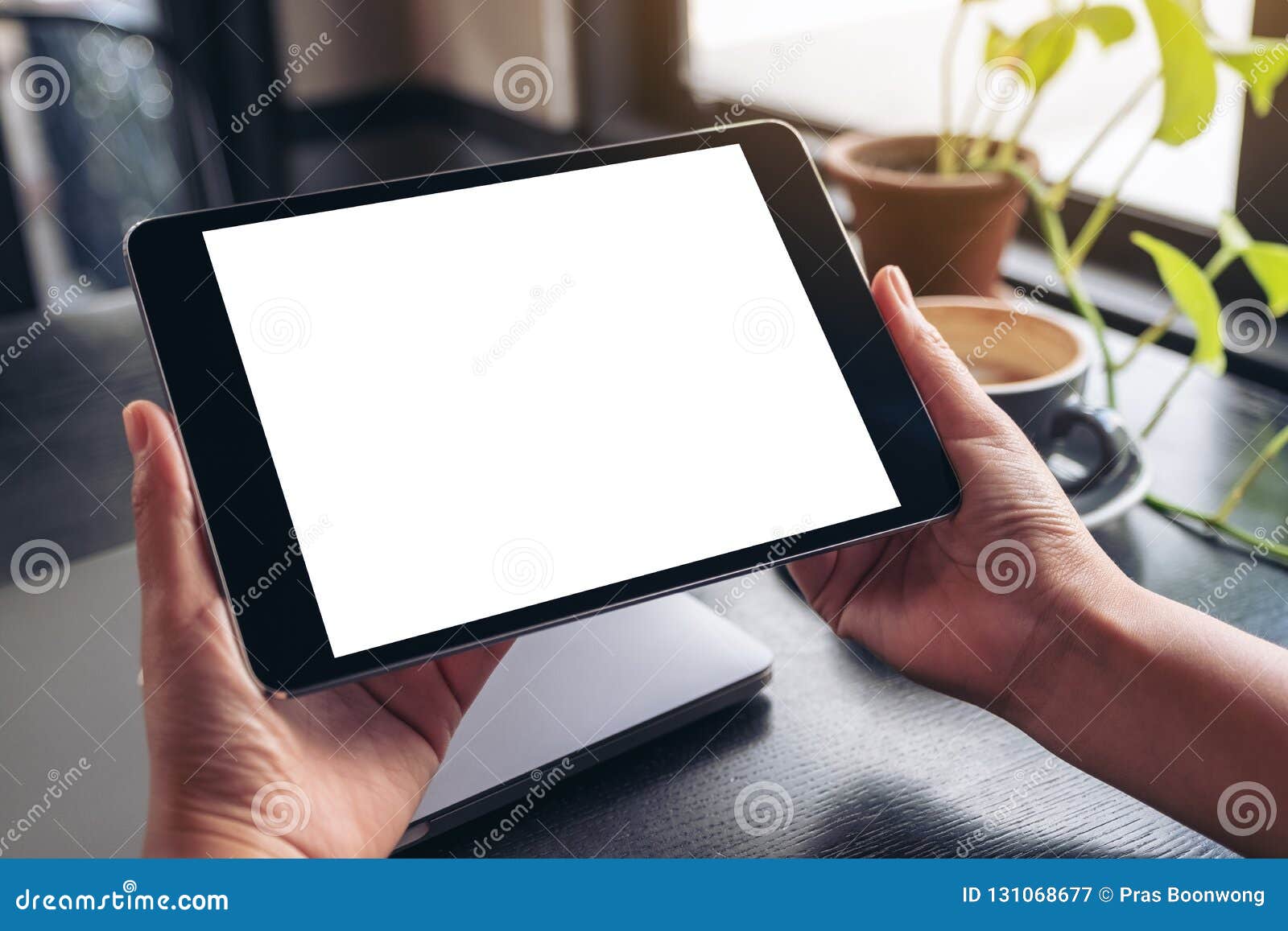 Hands Holding and Using Black Tablet Pc with Blank White Desktop Screen ...