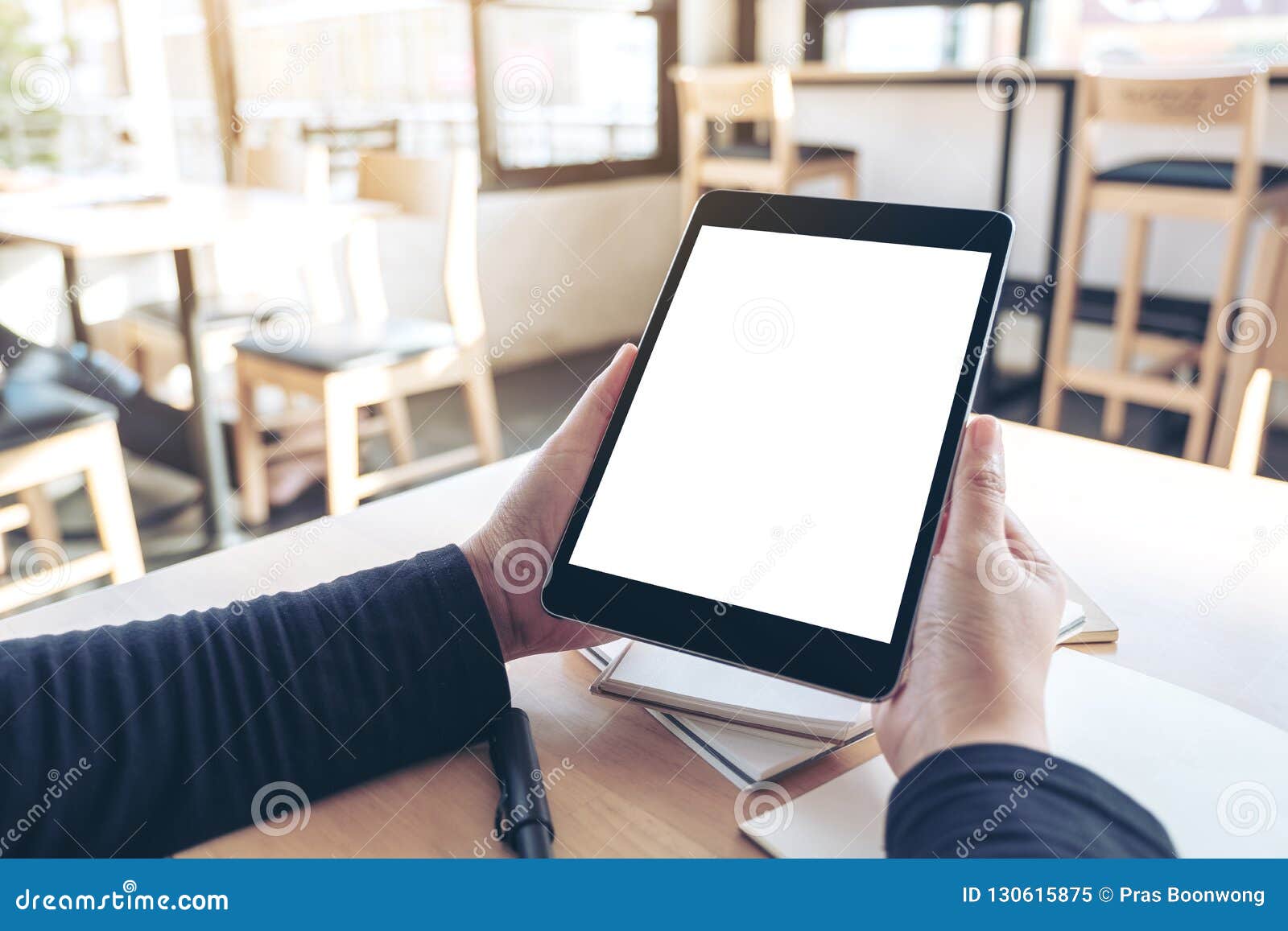 Hands Holding and Using Black Tablet Pc with Blank White Desktop Screen ...