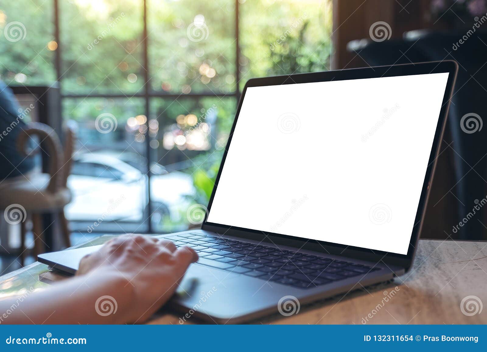 Hands Using and Touching on Laptop Touchpad with Blank White Desktop ...