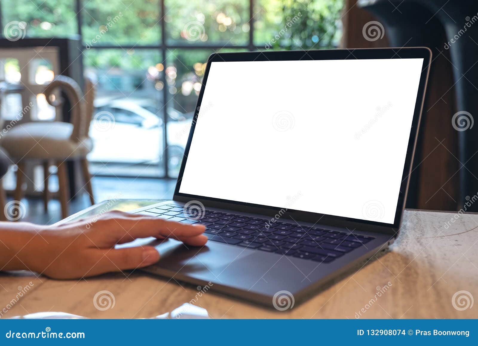 Hands Using and Touching on Laptop Touchpad with Blank White Desktop ...