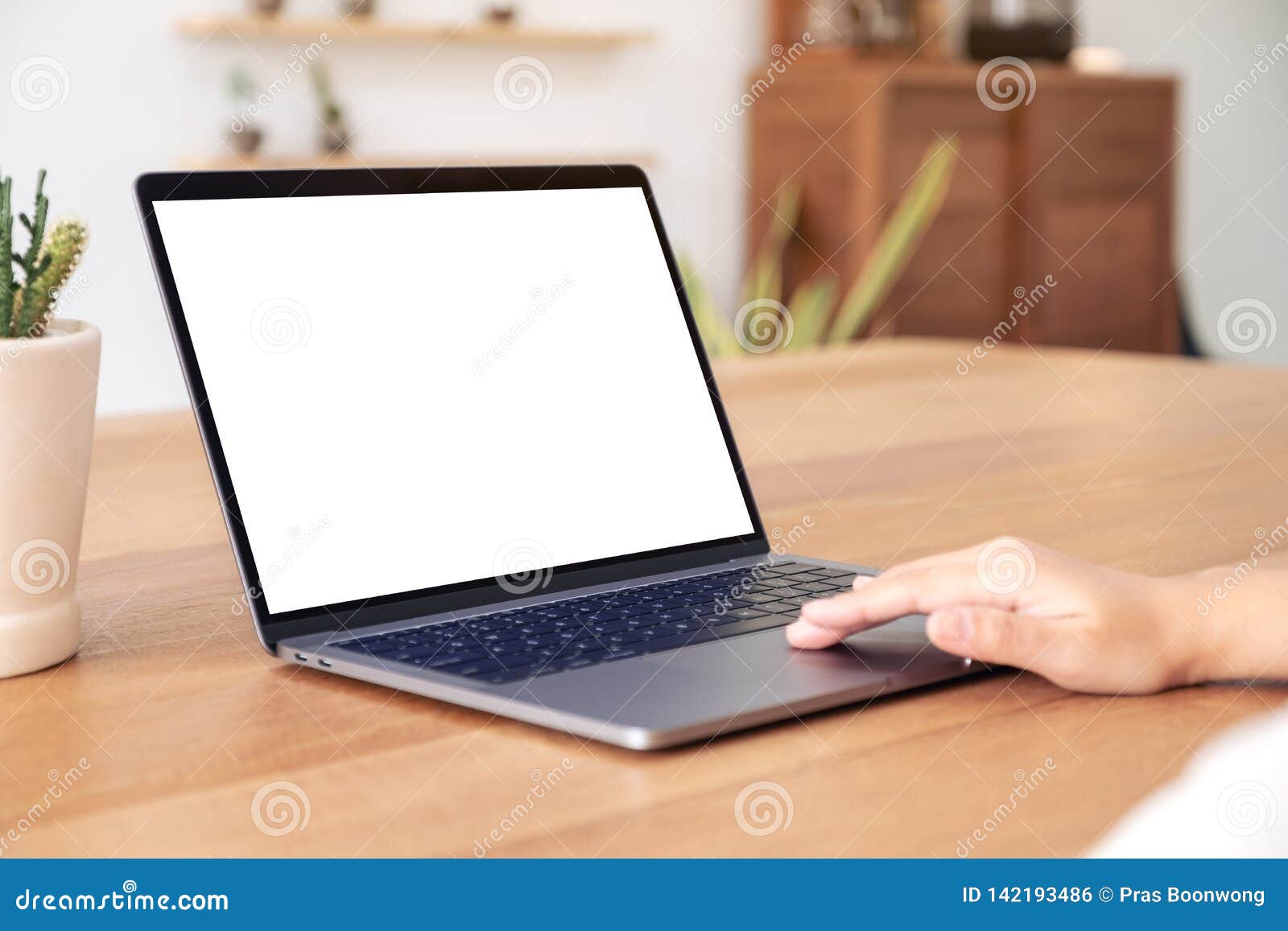 Hands Using and Touching on Laptop Touchpad with Blank White Desktop ...