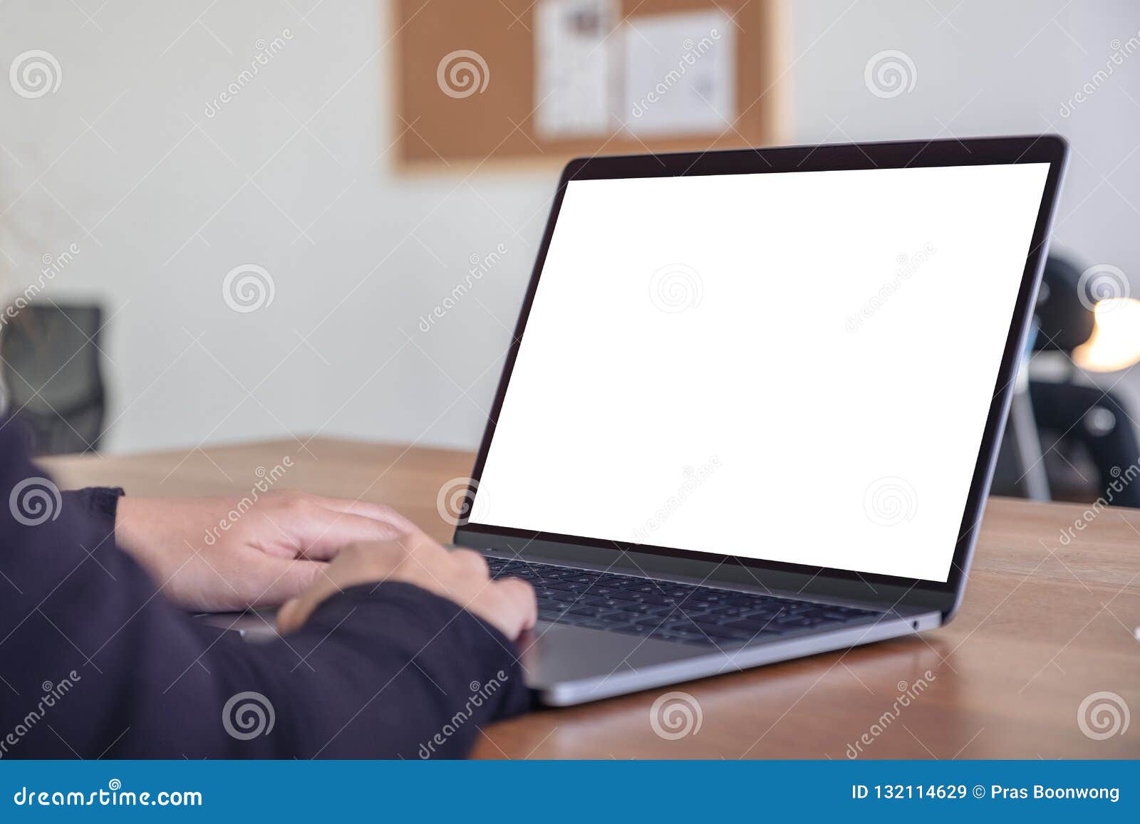 Hands Using and Typing on Laptop with Blank White Desktop Screen while ...