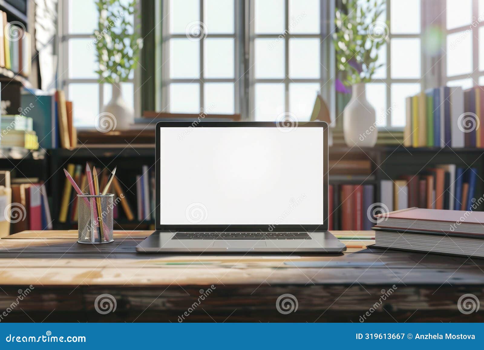 Mockup Image of Laptop with Blank White Screen on the Table by the Notebooks and Textbooks in ...