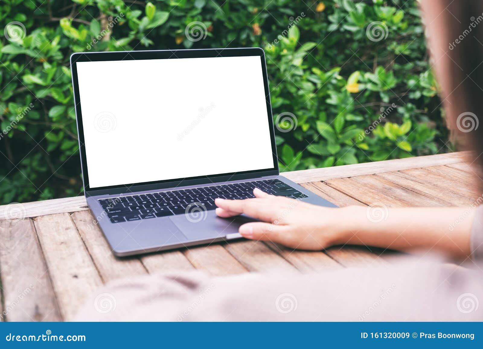 A Woman Using and Touching on Laptop Touchpad with Blank White Desktop ...