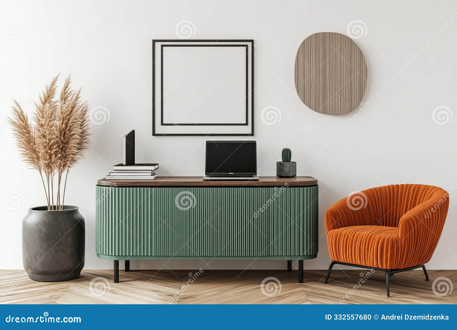 Mockup of an Interior Ceo Work Desk with a Laptop and a Panoramic ...