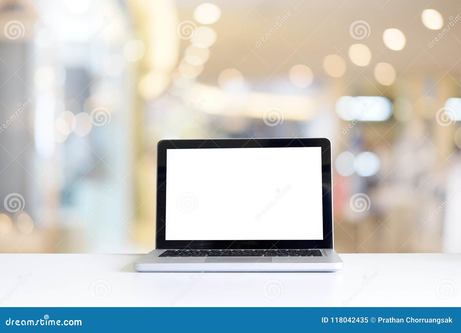 Mockup Laptop Computer on White Table. Stock Image - Image of business ...