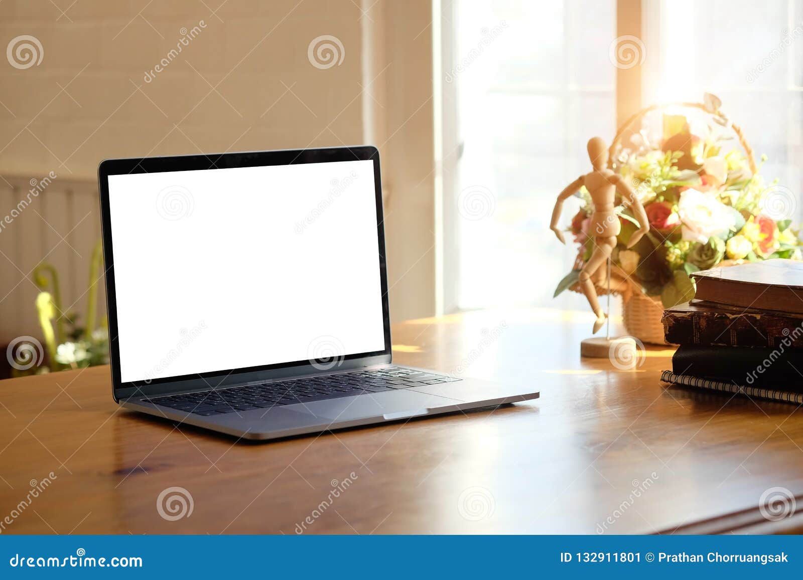 Mockup Laptop Computer on Wood Table Stock Image - Image of office ...