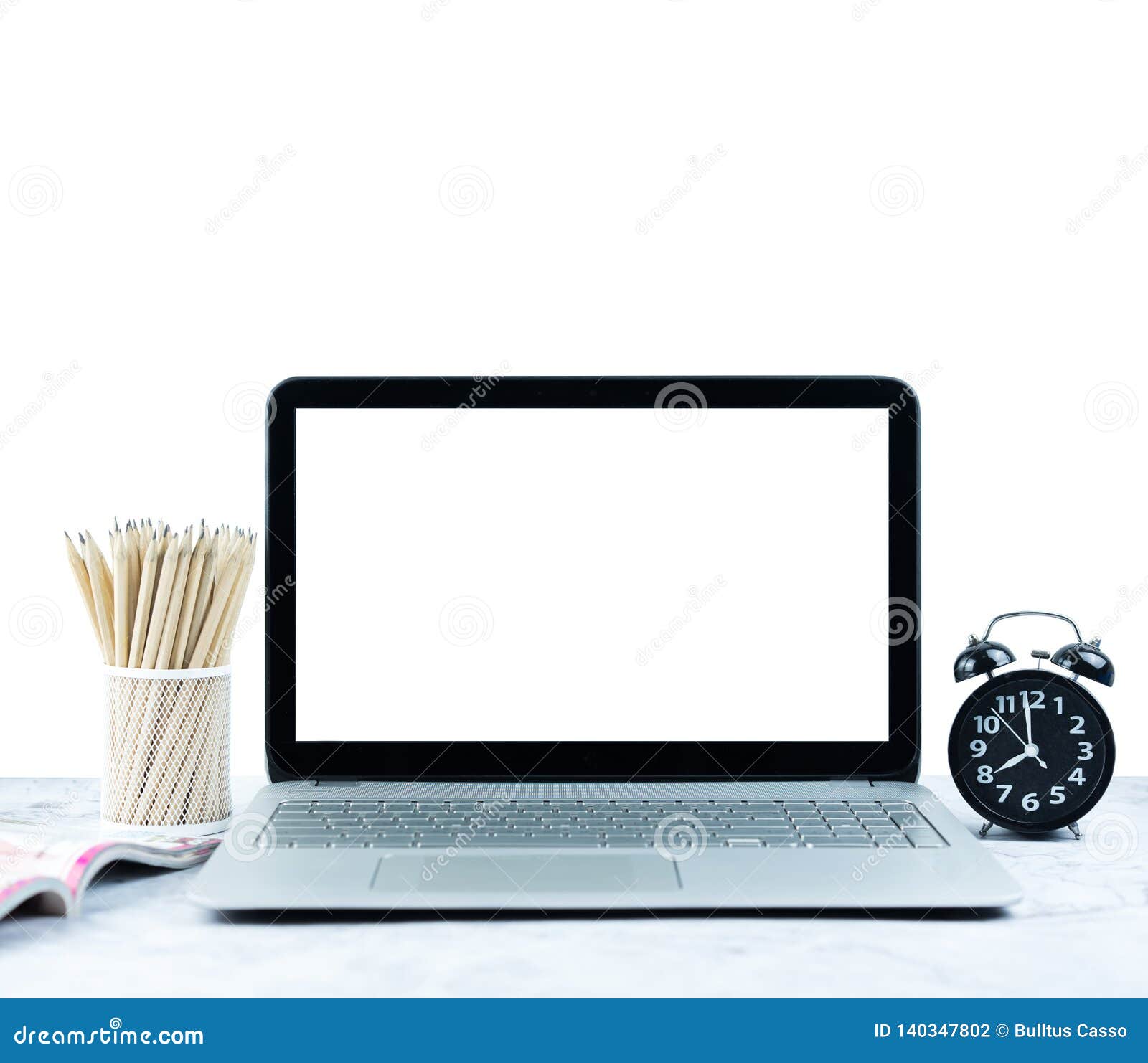 Mockup Laptop with Stationary and Alarm Clock on White Background Stock ...