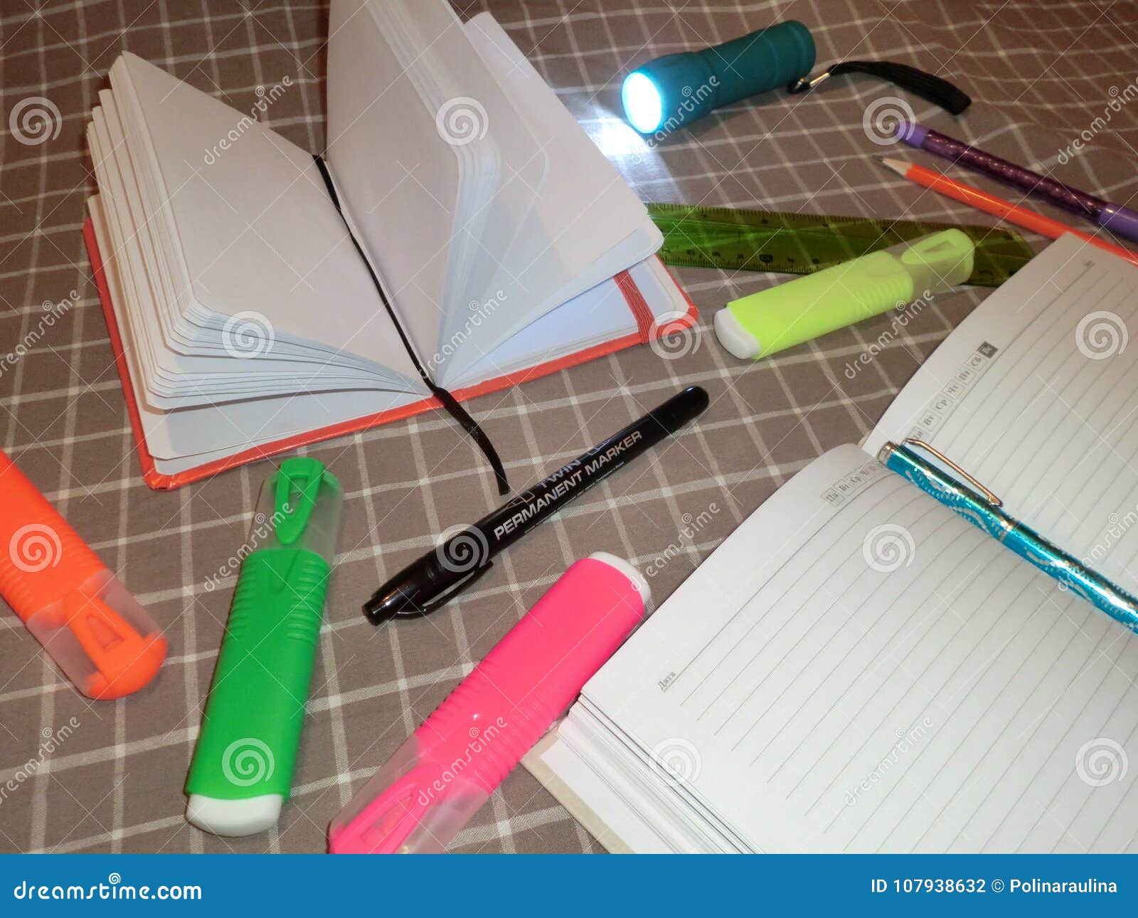Mockup Notepad, Diary with Pen, Pencil, Ruler, Markers and a Flashlight ...
