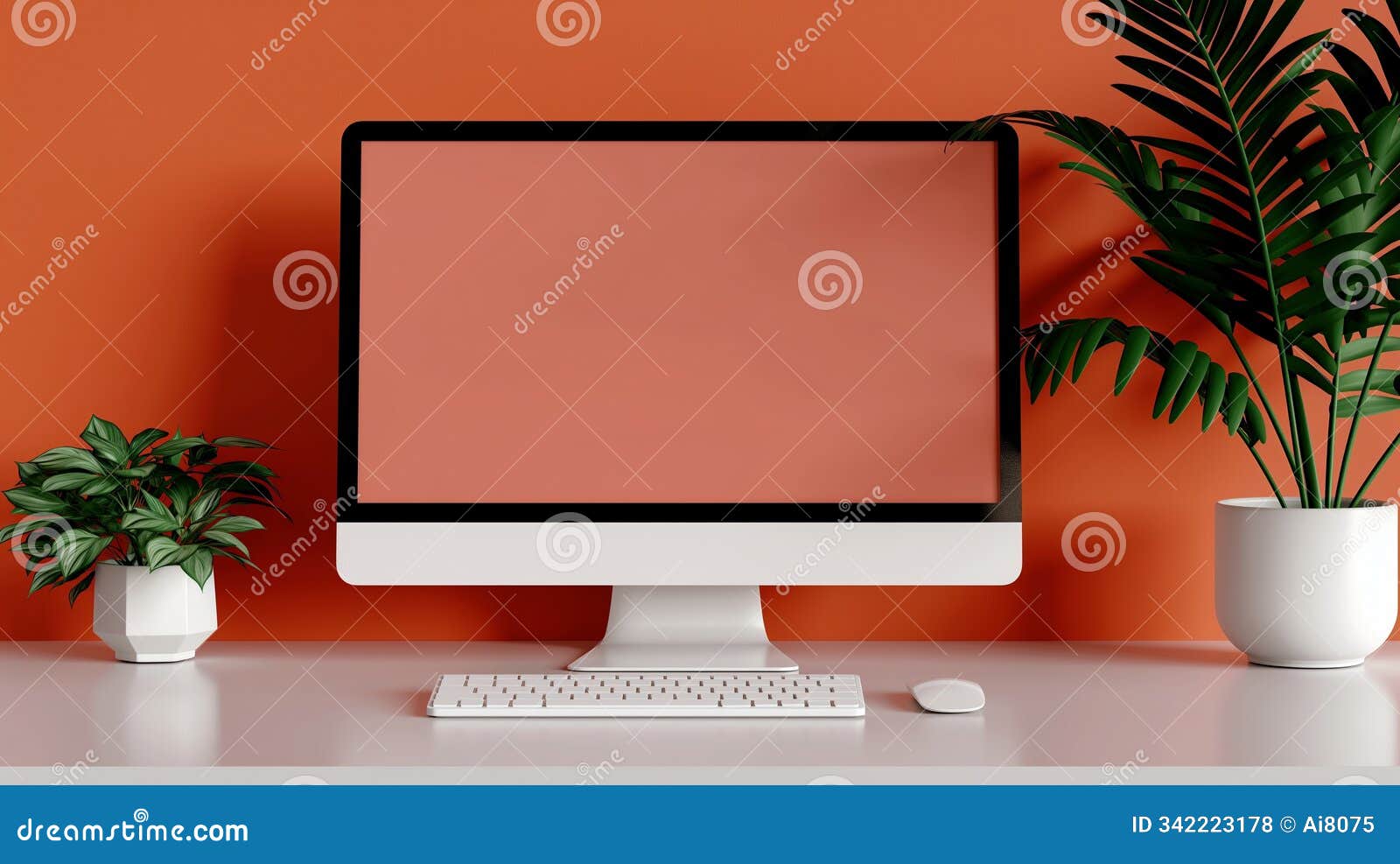 Mockup Pc Screen and Exotic Plants on Orange Backdrop, Ai Generated ...