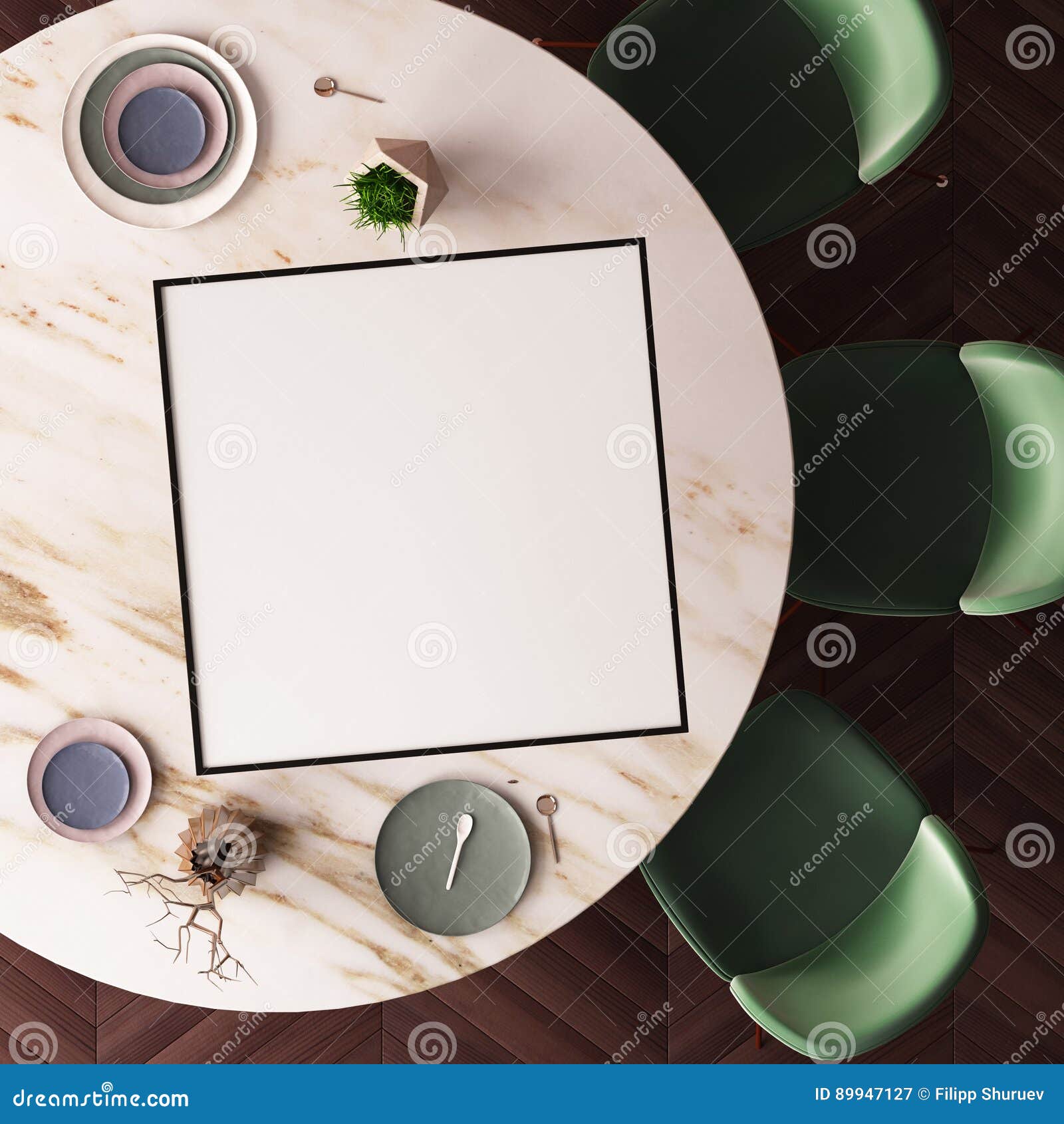 Mockup Poster on a Dining Table Made of Marble. View from Above. 3d ...