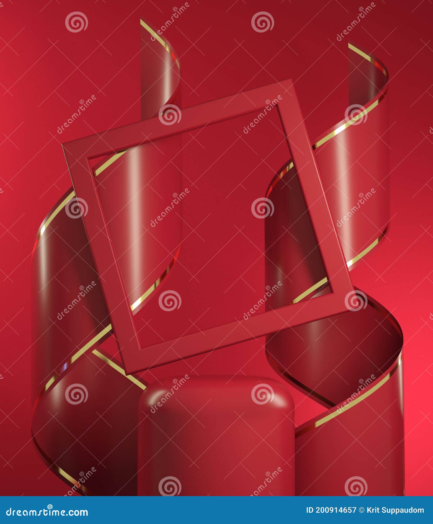 Mockup Red Stage Scene with Spiral Ribbon and Square Frame Abstract ...