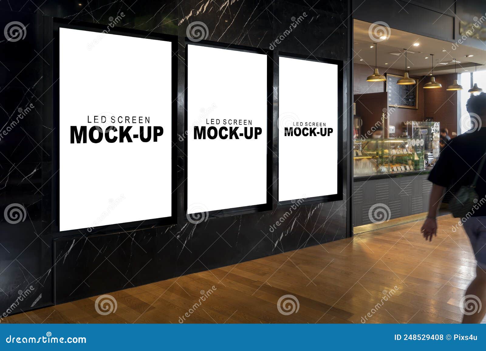 Mockup Three Advertising LED Screen Install on Marble Wall Stock Photo ...