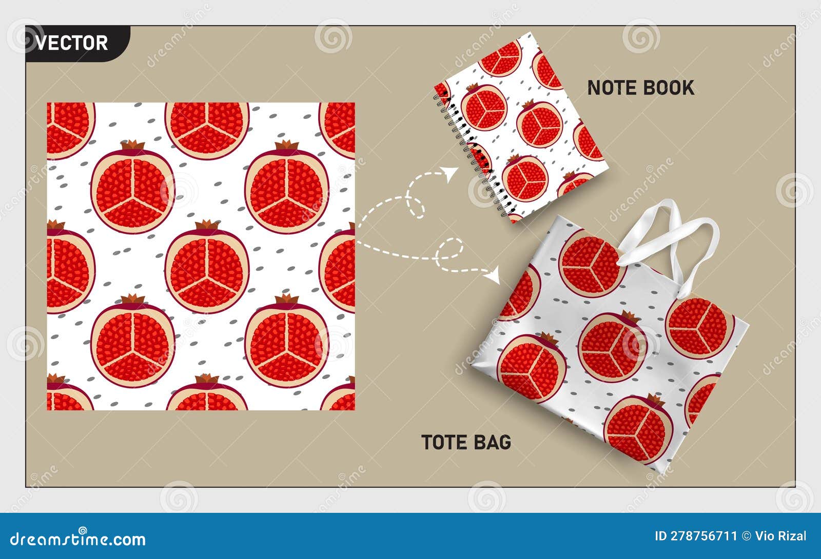 Mockup Tote Bag and Note Book with Slice of Pomegranates Seamless ...