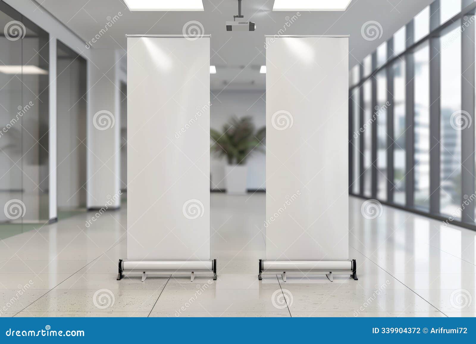 Mockup of Two Roll-up Standee Banner and Exhibition X-banner in Office ...