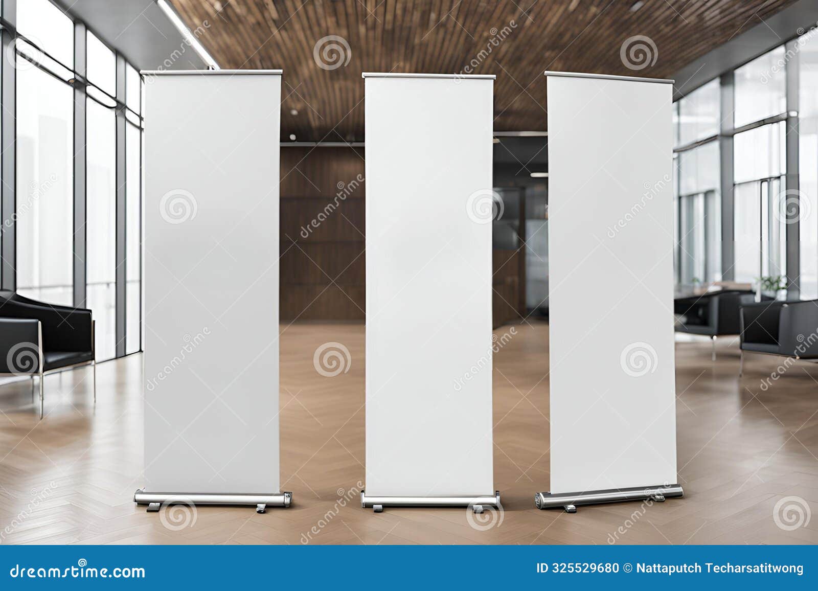 Mockup of Two Roll-up Standee Banner in Office Hall Stock Illustration ...