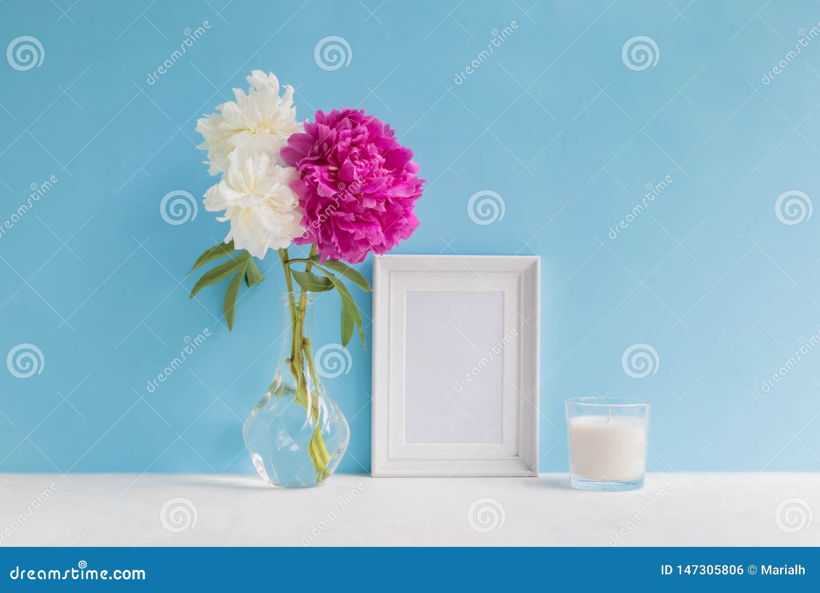 Mockup with a White Frame and White and Pink Peonies Stock Photo ...