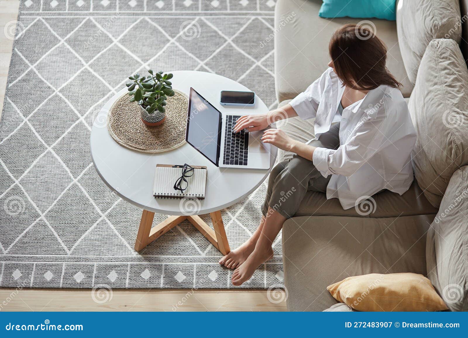 Mockup White Screen Laptop Woman Using Computer Sitting on Sofa at Home ...