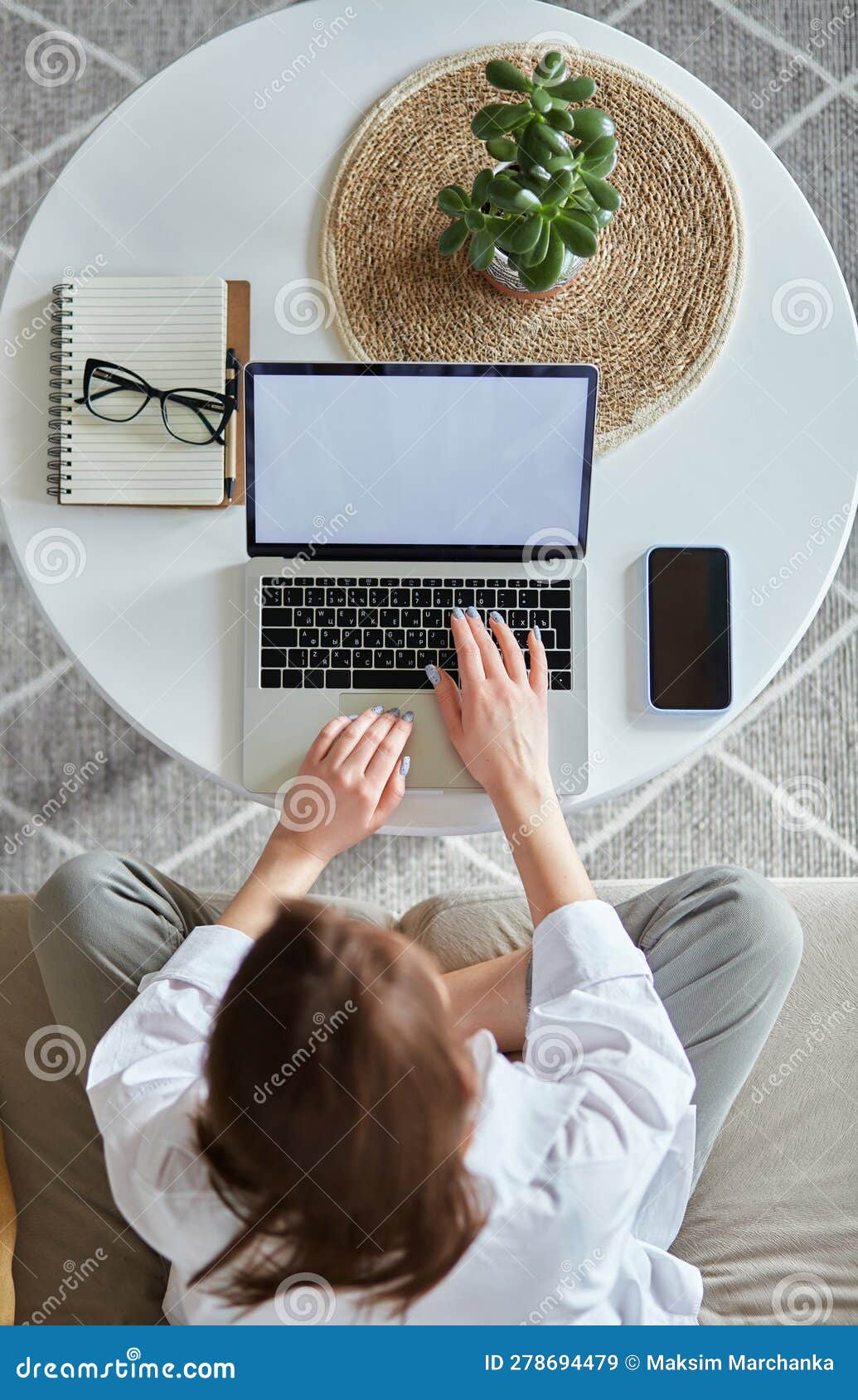 Mockup White Screen Laptop Woman Using Computer Sitting on Sofa at Home ...
