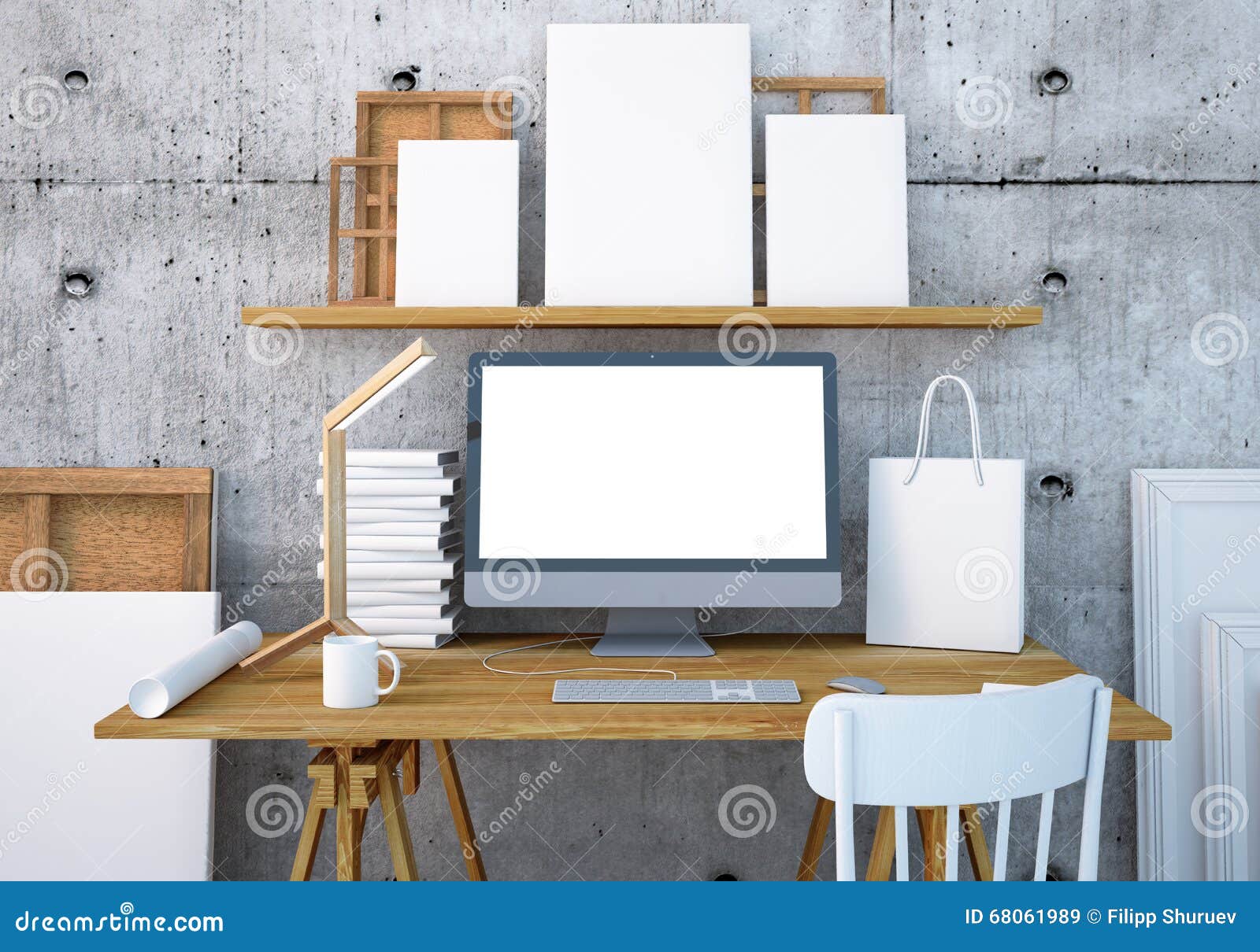 Mockup Work Desk with a PC. 3d Stock Illustration - Illustration of ...