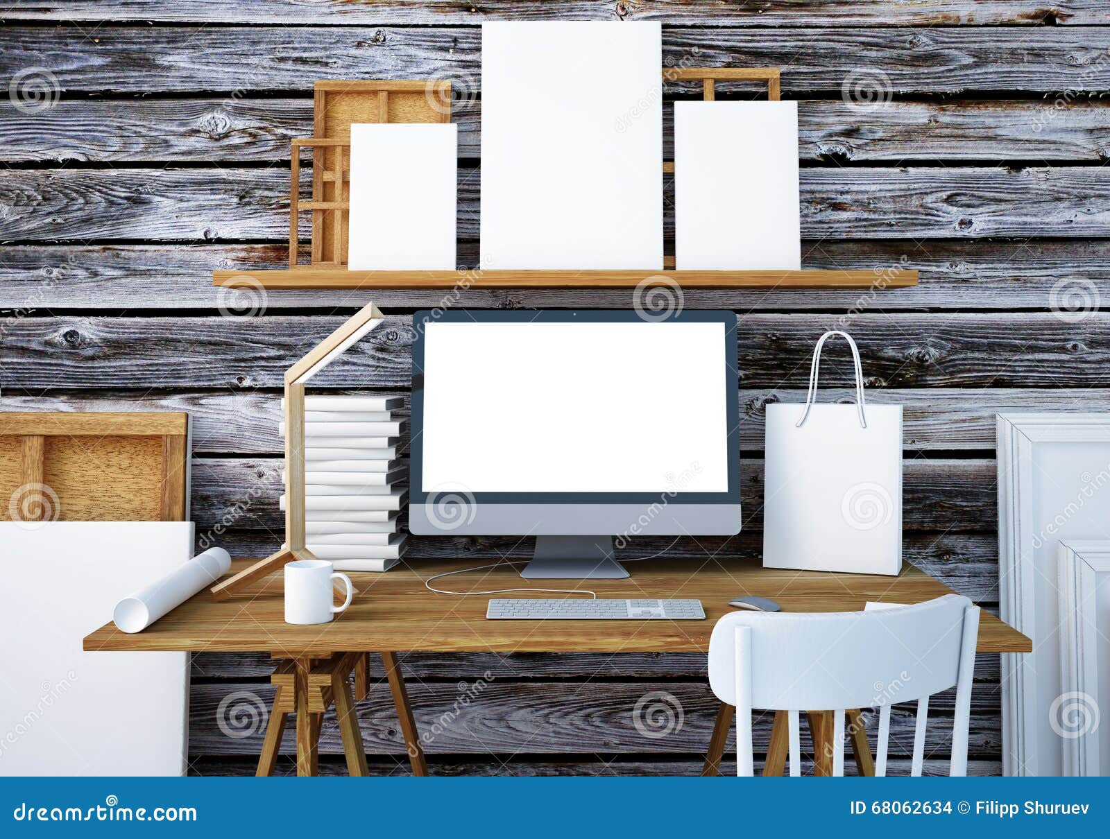 Mockup Work Desk with a PC. 3d Stock Illustration - Illustration of ...