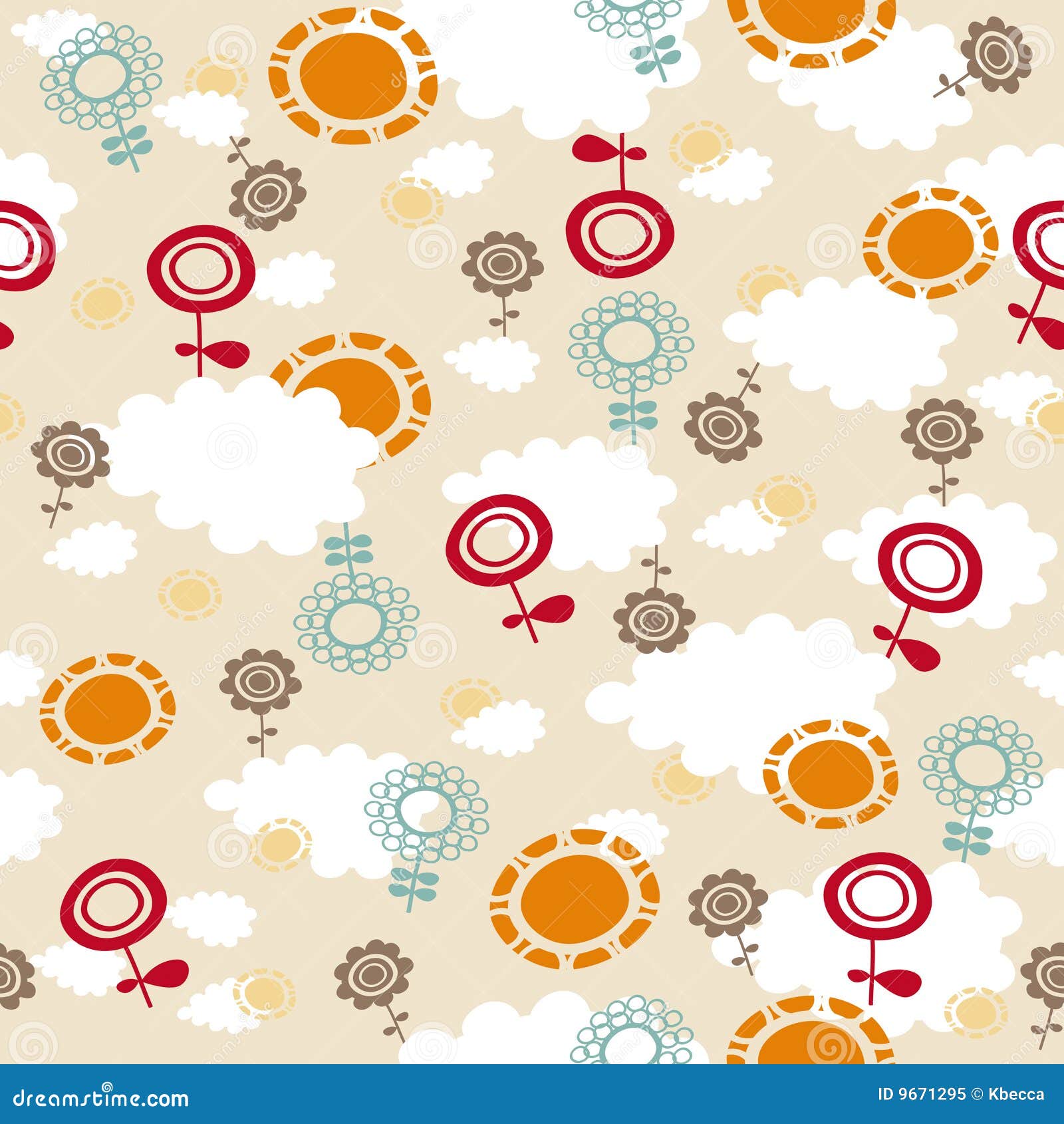 Mod Flowers, Suns, and Clouds Seamless Pattern Stock Vector ...