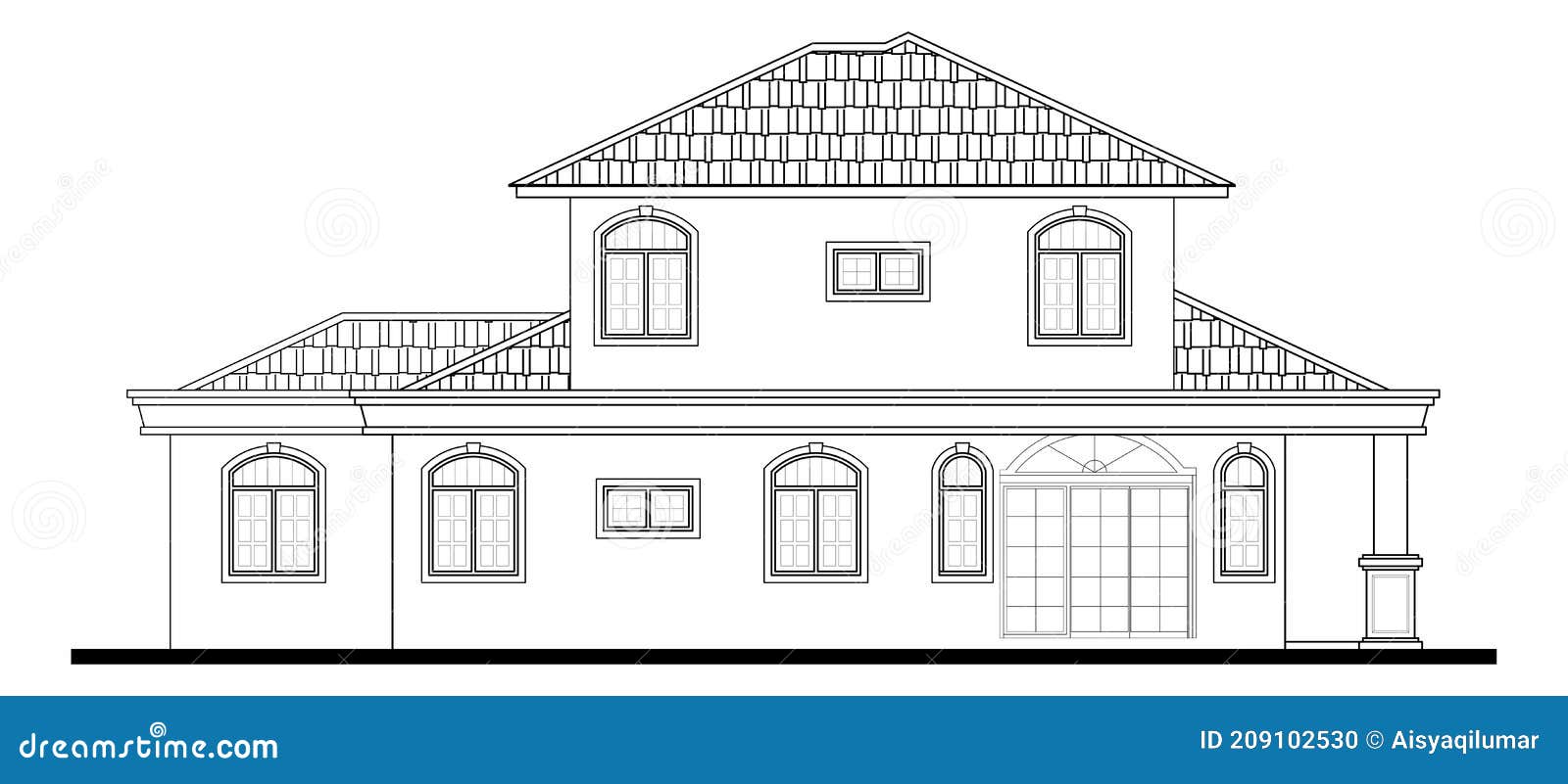 Two-storey Terraced House in 2D Black and White CAD Drawing. Stock ...