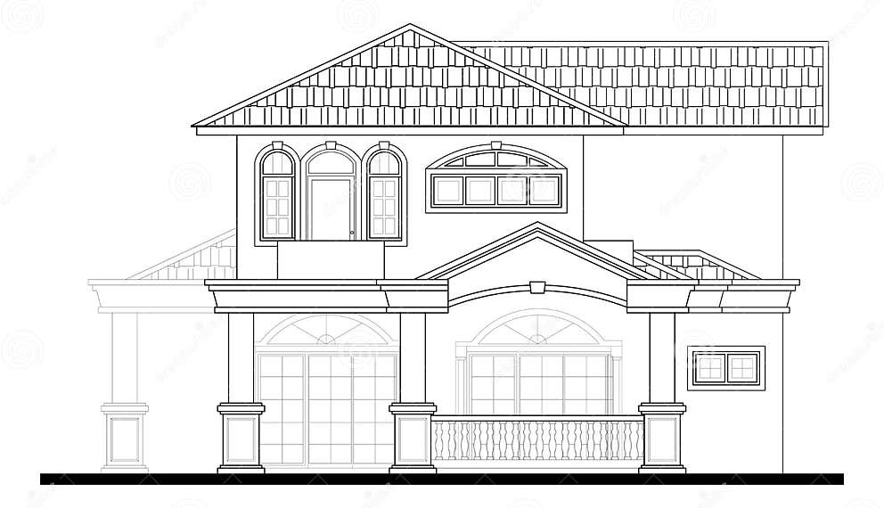 Two-storey Terraced House in 2D Black and White CAD Drawing. Stock ...