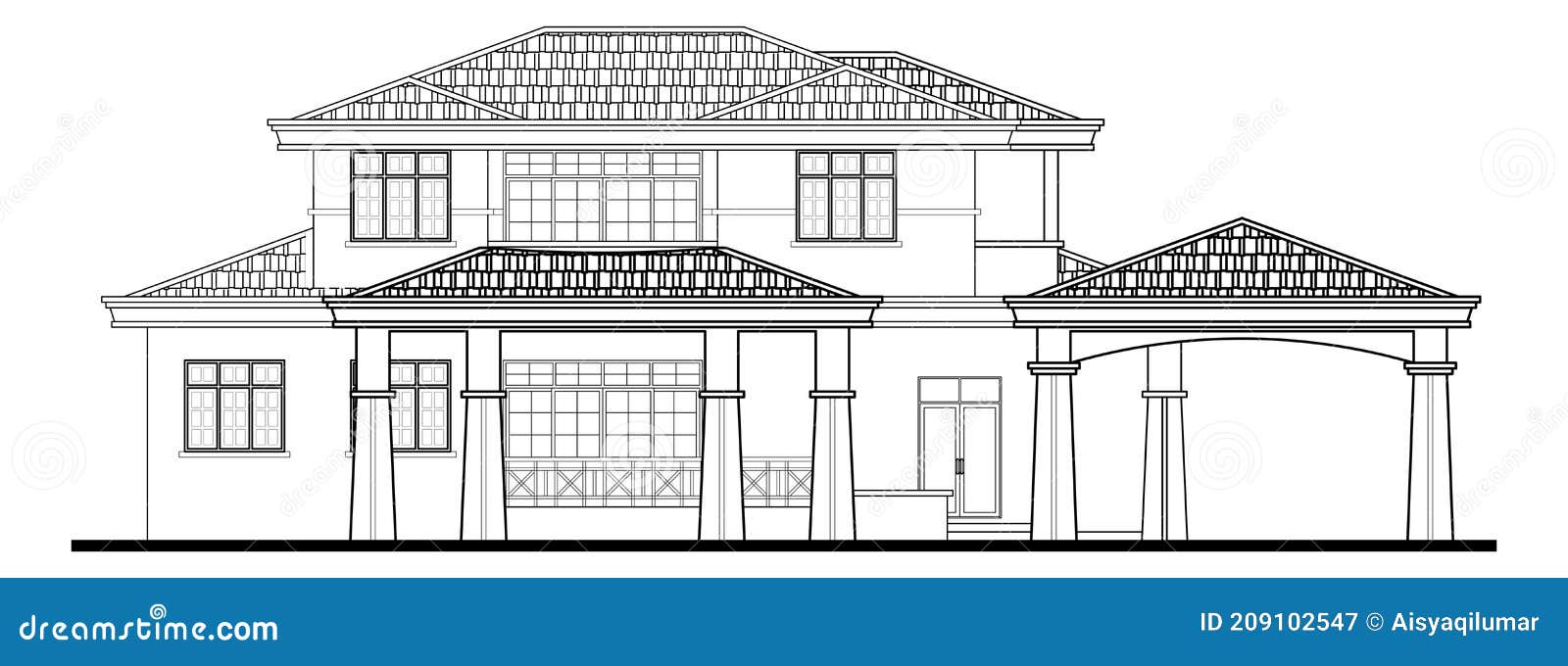 Two-storey Terraced House in 2D Black and White CAD Drawing. Stock ...