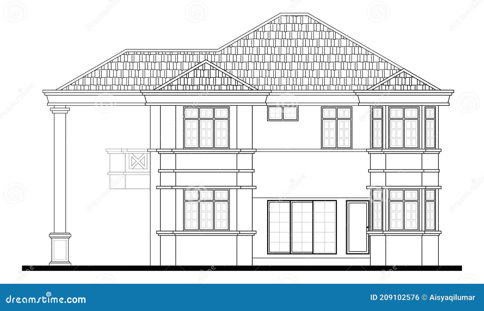 Two-storey Terraced House in 2D Black and White CAD Drawing. Stock ...
