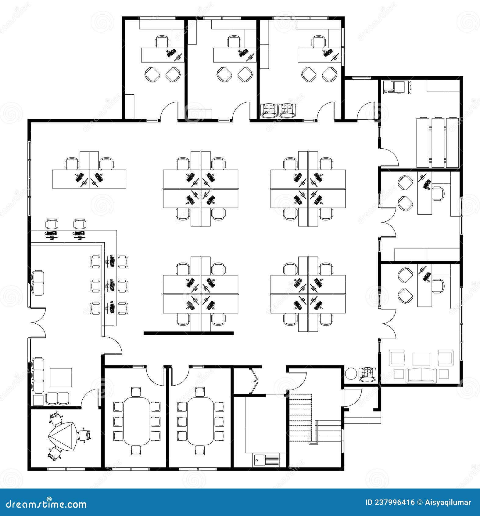 An Office Plan Layout Drawing Complete with the Furniture in 2D CAD ...