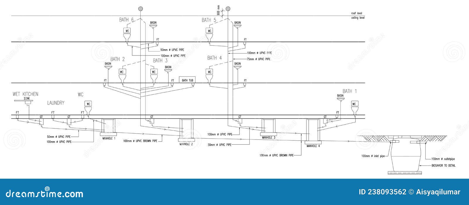 CAD Drawing Construction of Plumbing and Sewerage Single Line Diagram ...