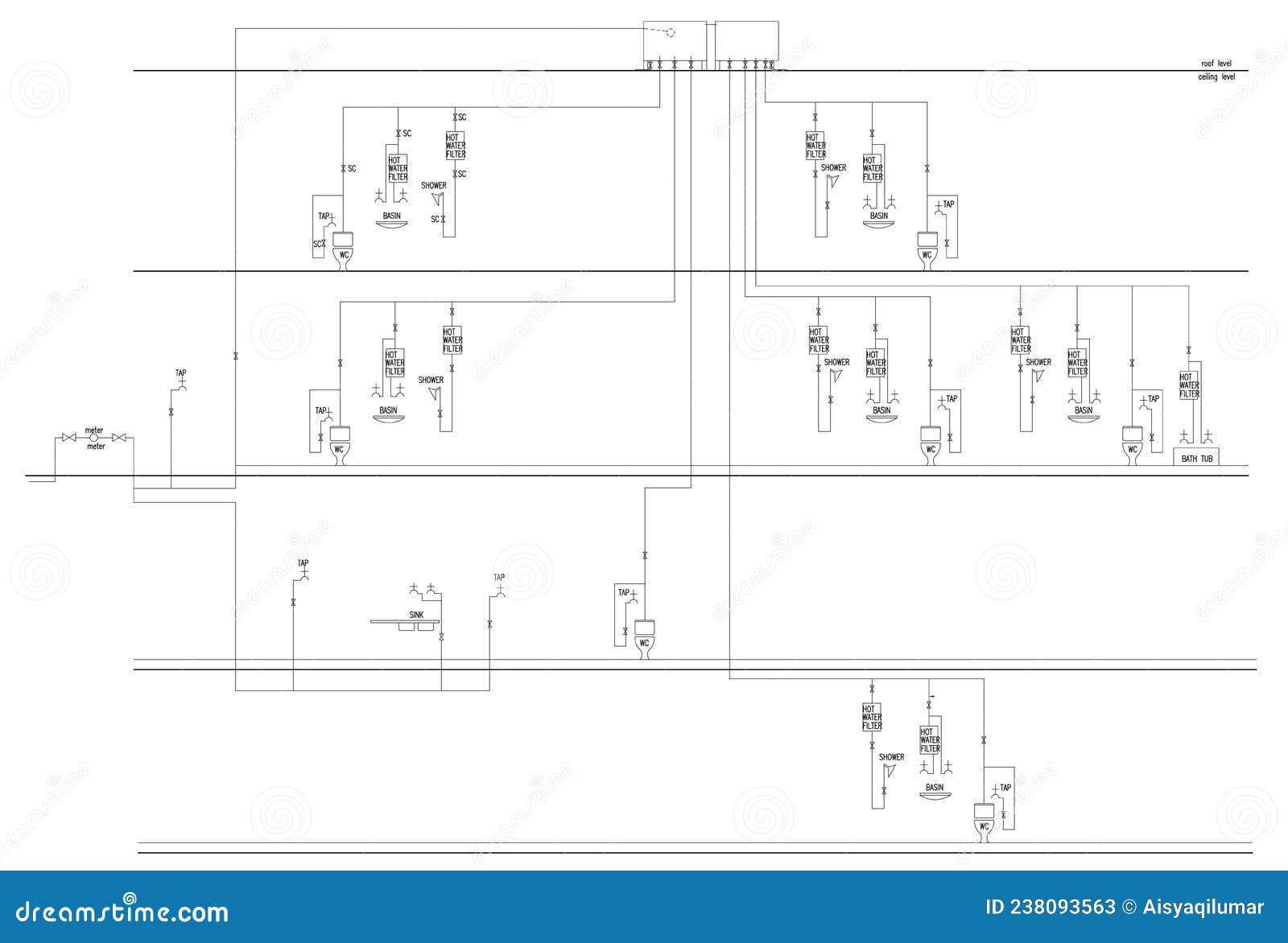 CAD Drawing Construction of Plumbing and Sewerage Single Line Diagram ...