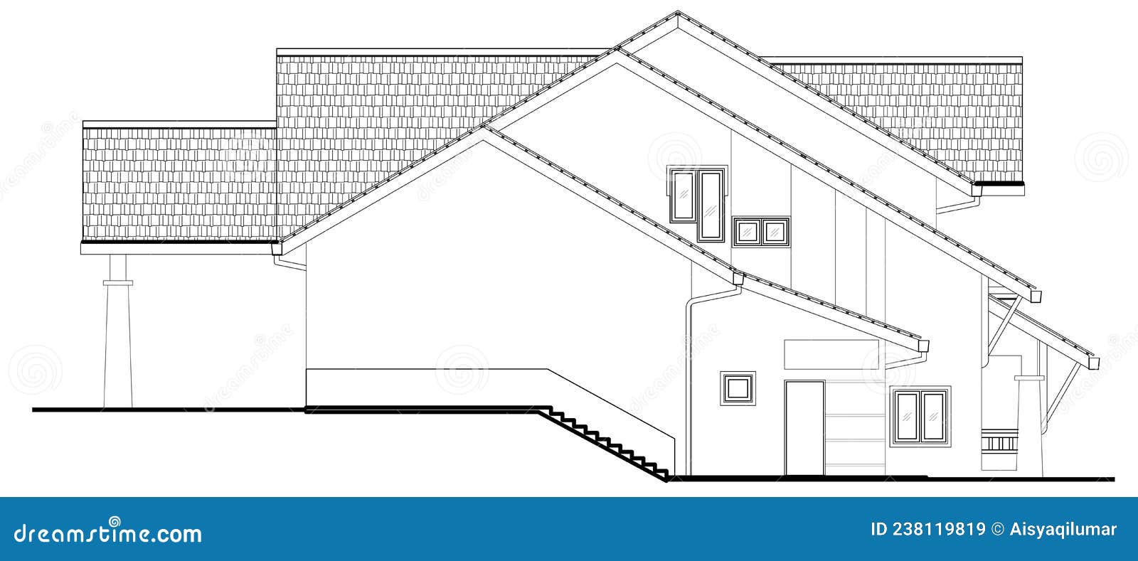 Single Storey Terrace House Elevation In 2D Black And White CAD Drawing ...