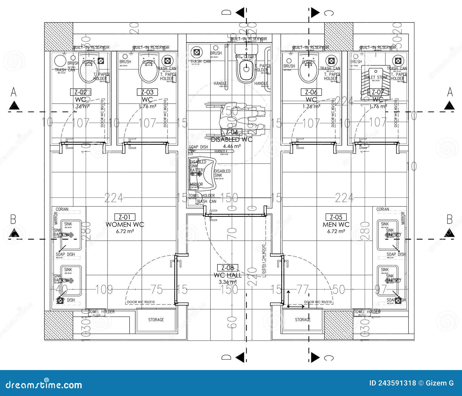 Floor Plan Design of a Public Wc, Detailed Project, Architectural Plan ...