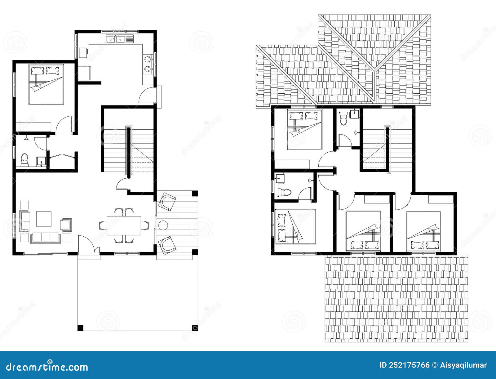 2D CAD 2 Story House Layout Plan Drawing With Bedrooms Complete With 2 ...