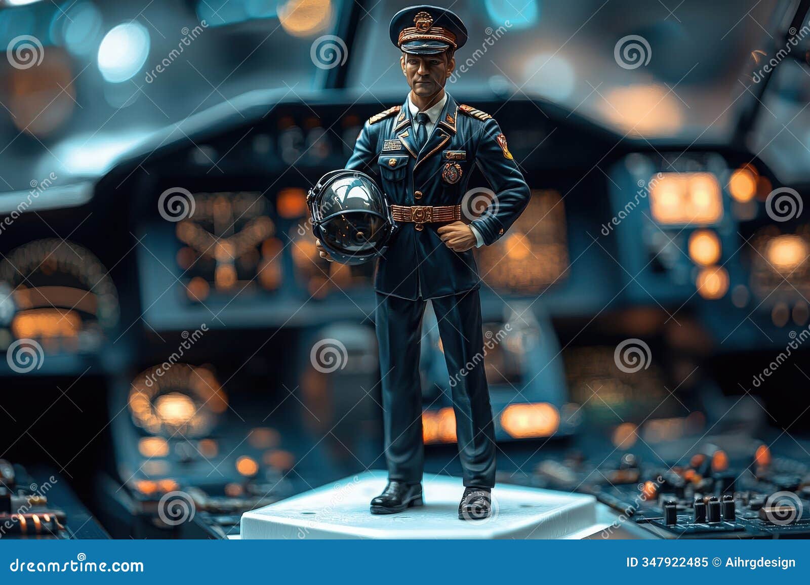 Model Airplane Pilot Figure Stands on Control Panel in Cockpit Setting ...