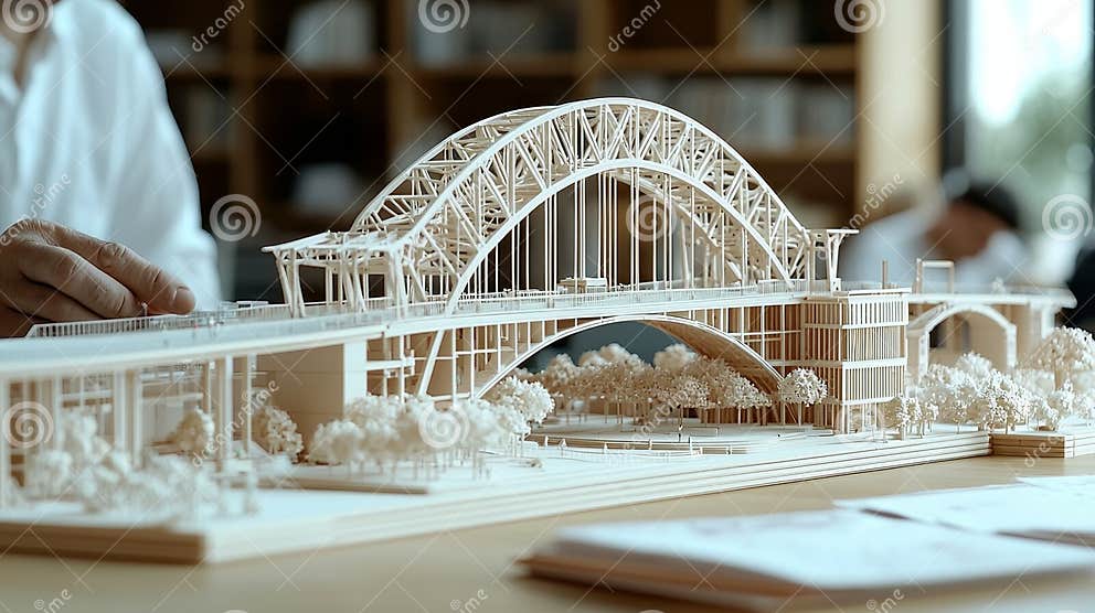 A Model of a Bridge in a Design Studio with an Architect Looking at it Stock Illustration ...