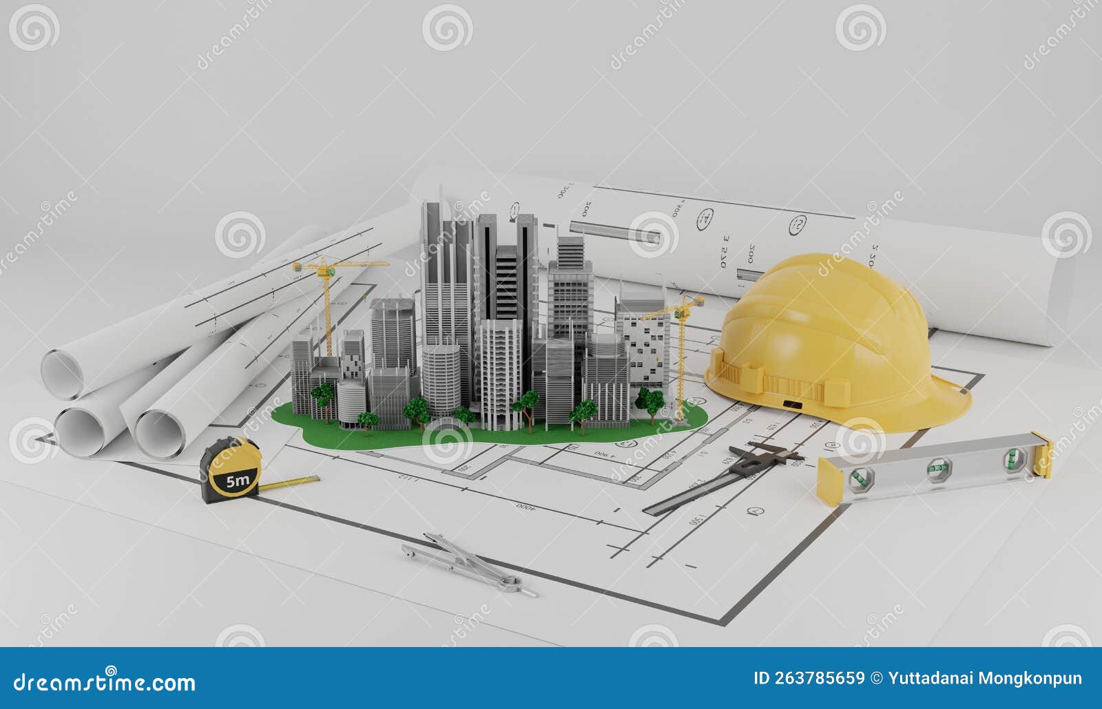 A Model Building on Blueprints with Equipment Architect Stock ...
