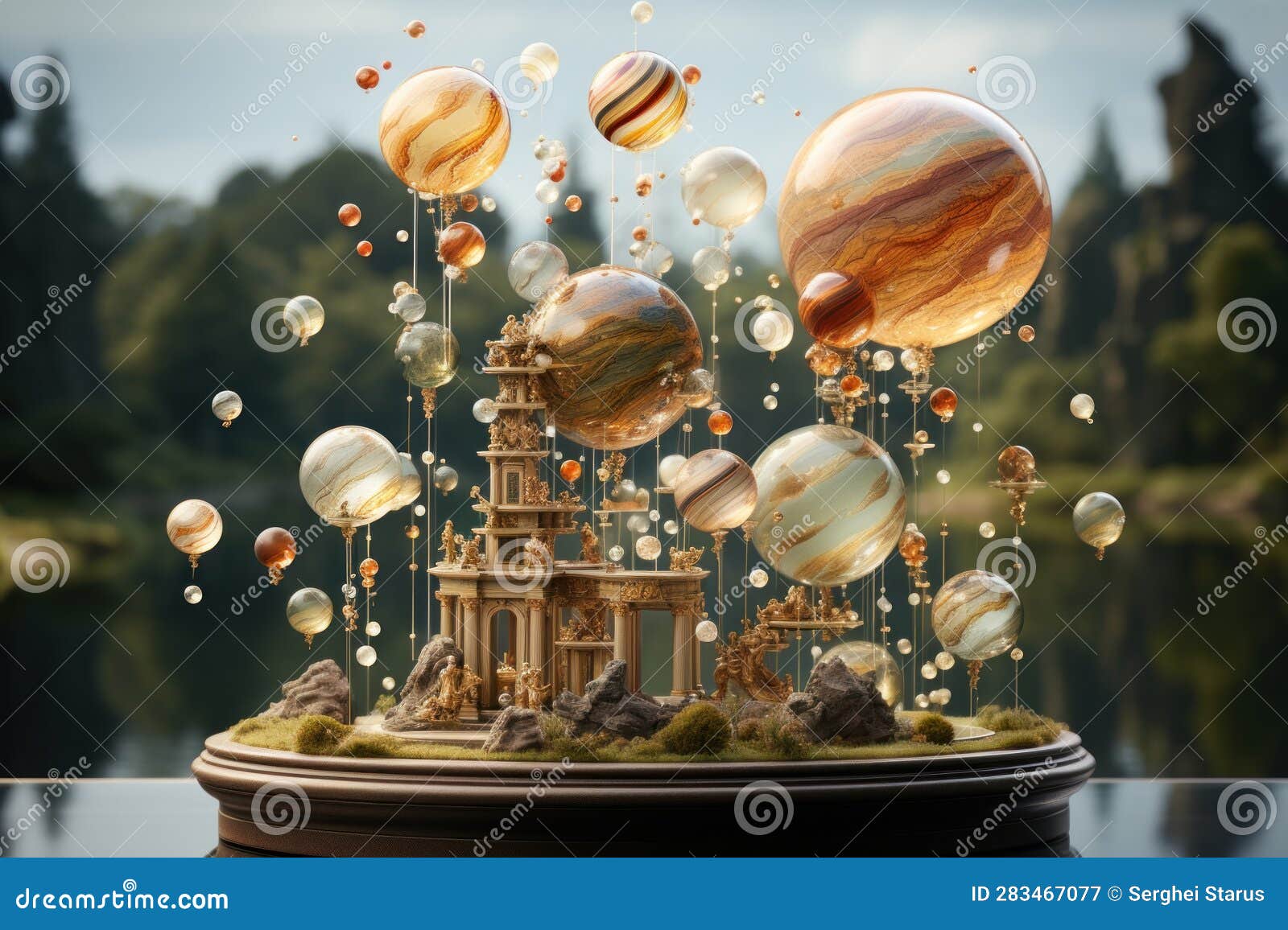 A Model of a Building with Many Planets Floating Around it. Generative ...