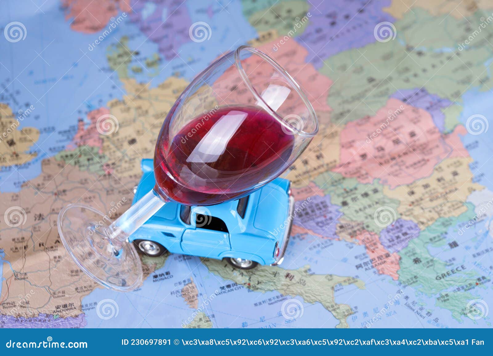 The Model Car on the Map Knocked Over a Glass of Wine Stock Image ...