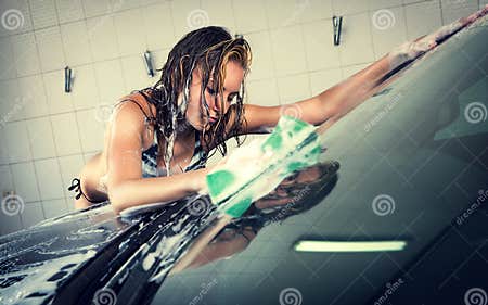 Model at the Car Wash in Garage Stock Photo - Image of spring ...