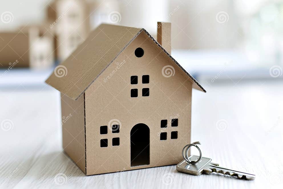 A Model of a Cardboard House on a Table with a Key Stock Photo - Image ...