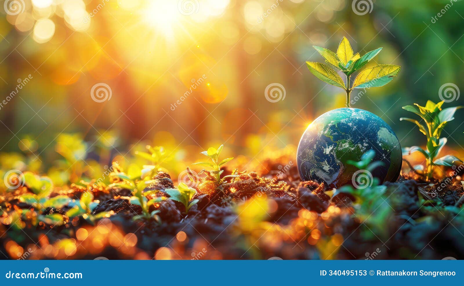 Model Earth and Globe and Tree Sapling in Natural Sun Ray Shining in ...