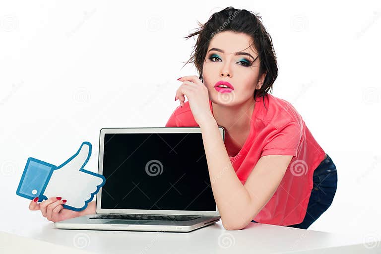 Model with Facebook Like in Hand. Stock Image - Image of makeup, dark ...