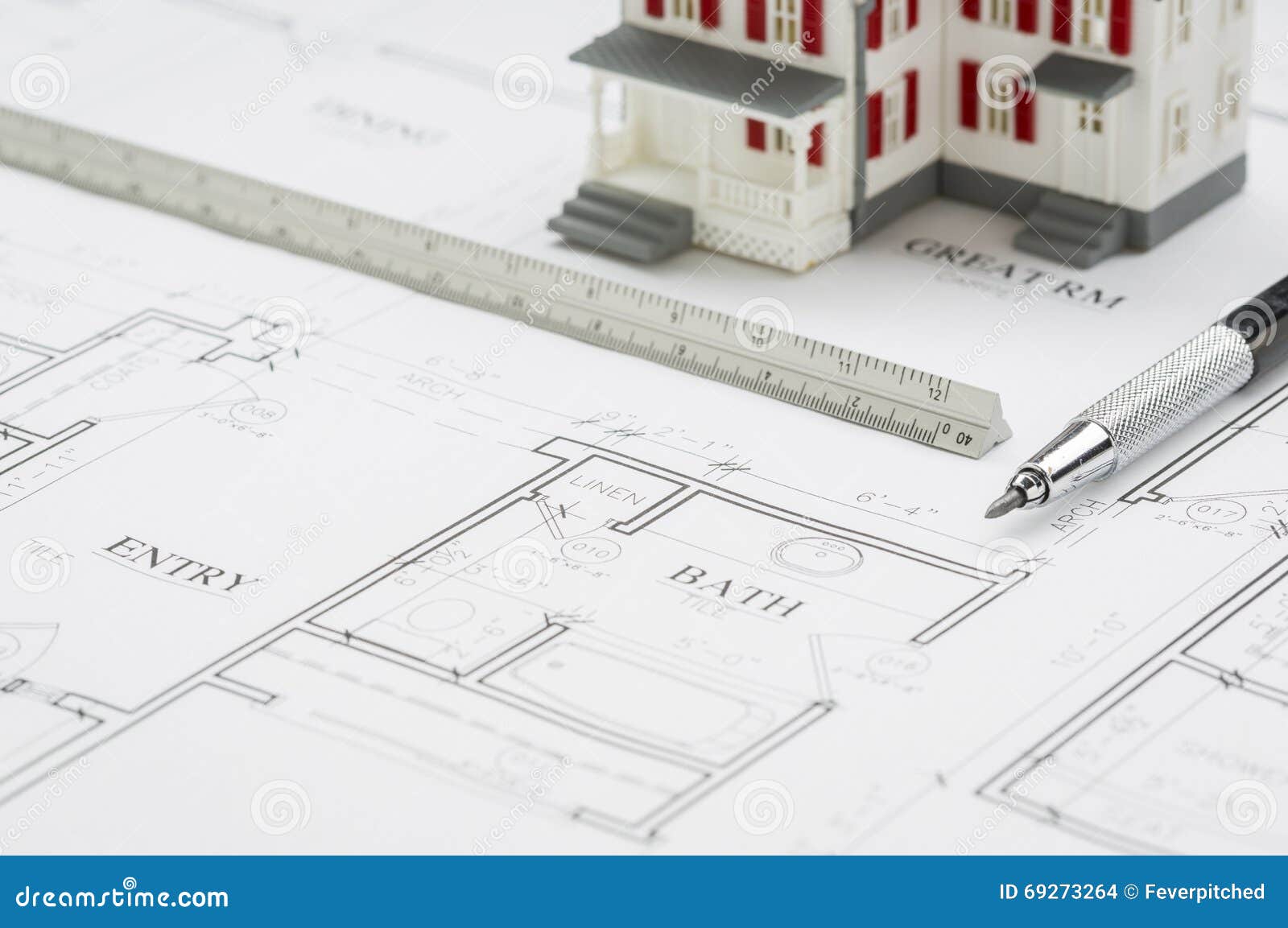 Model Home, Engineer Pencil and Ruler Resting on House Plans Stock ...