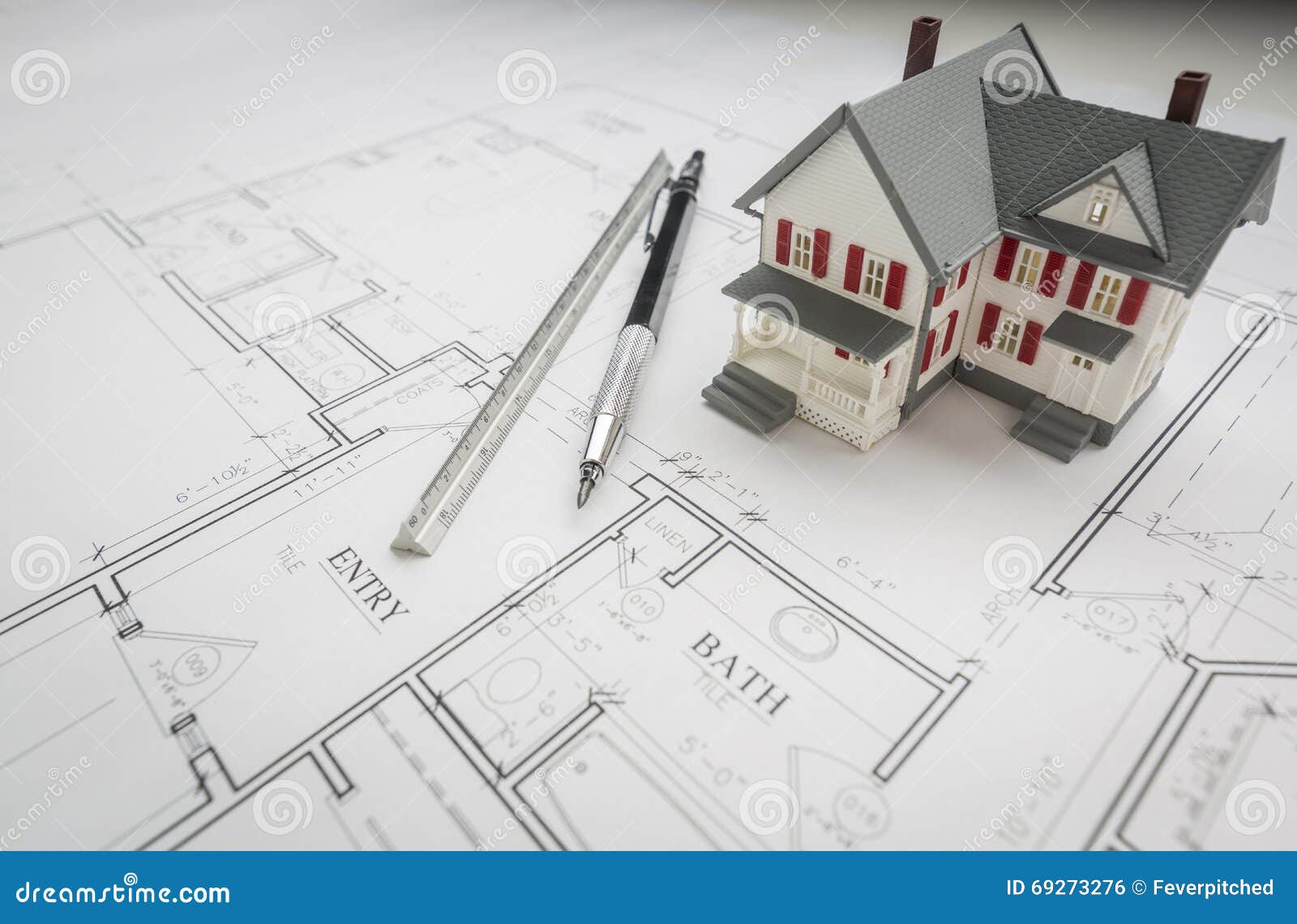 Model Home, Engineer Pencil and Ruler Resting on House Plans Stock ...