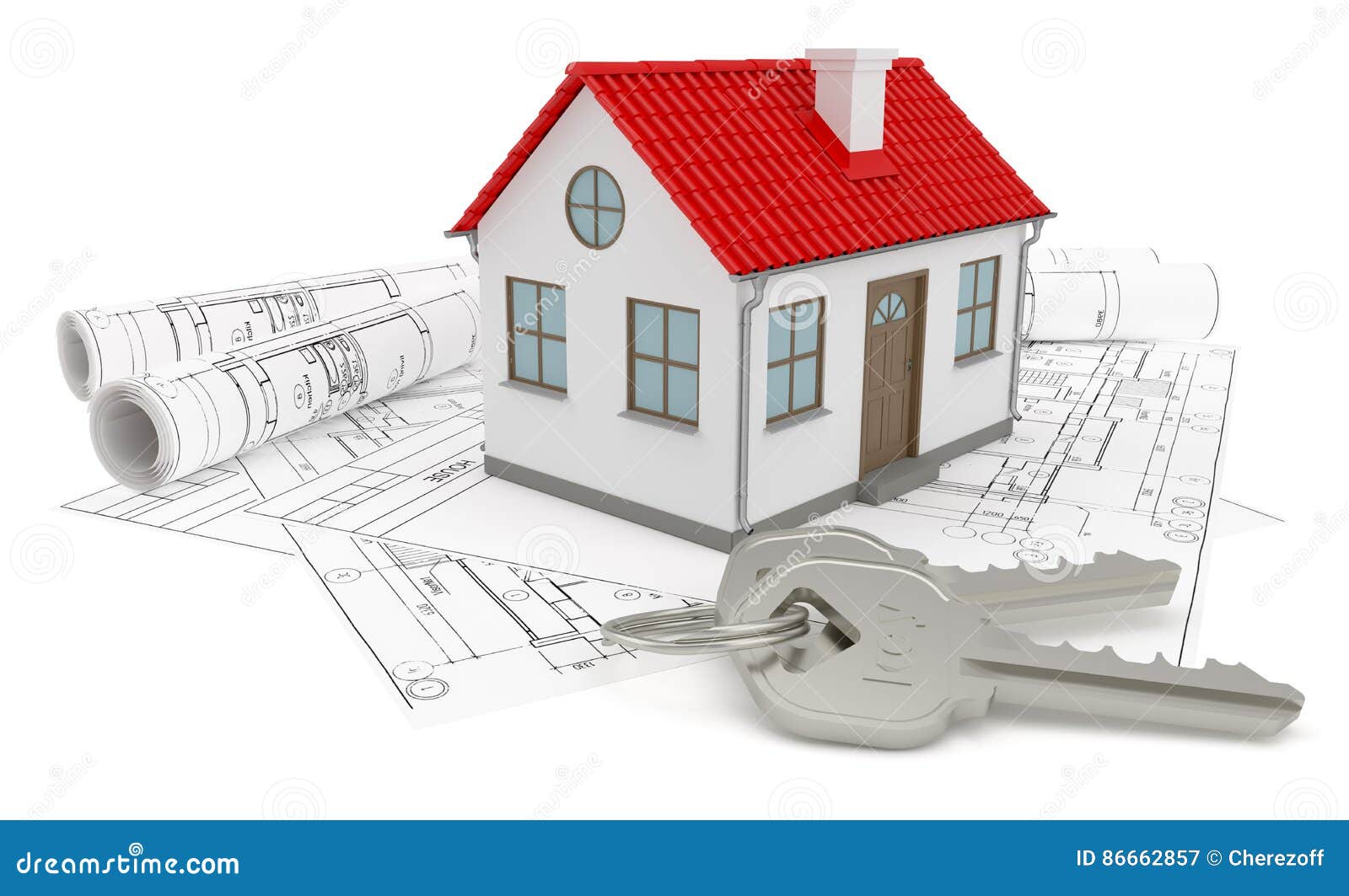A Model Home and House Key on Blueprints Stock Illustration ...