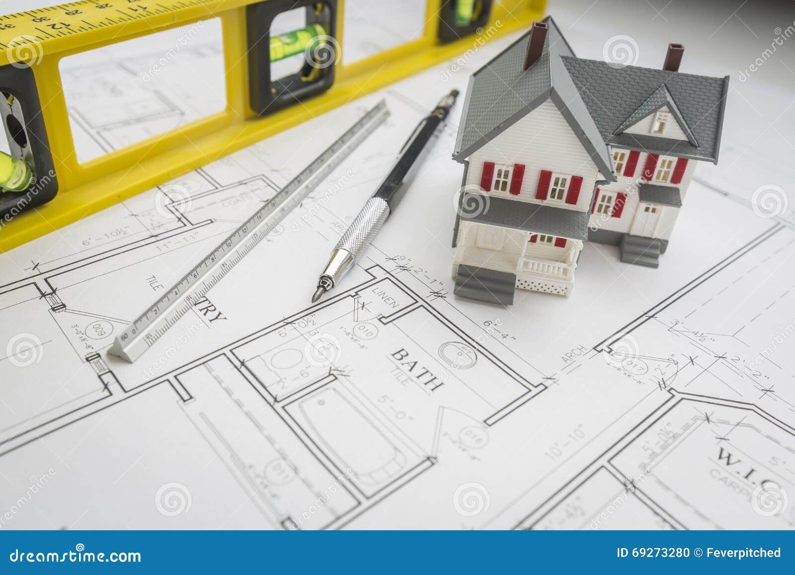 Engineer Pencil, Ruler And Keys Resting On House Plans Royalty-Free ...