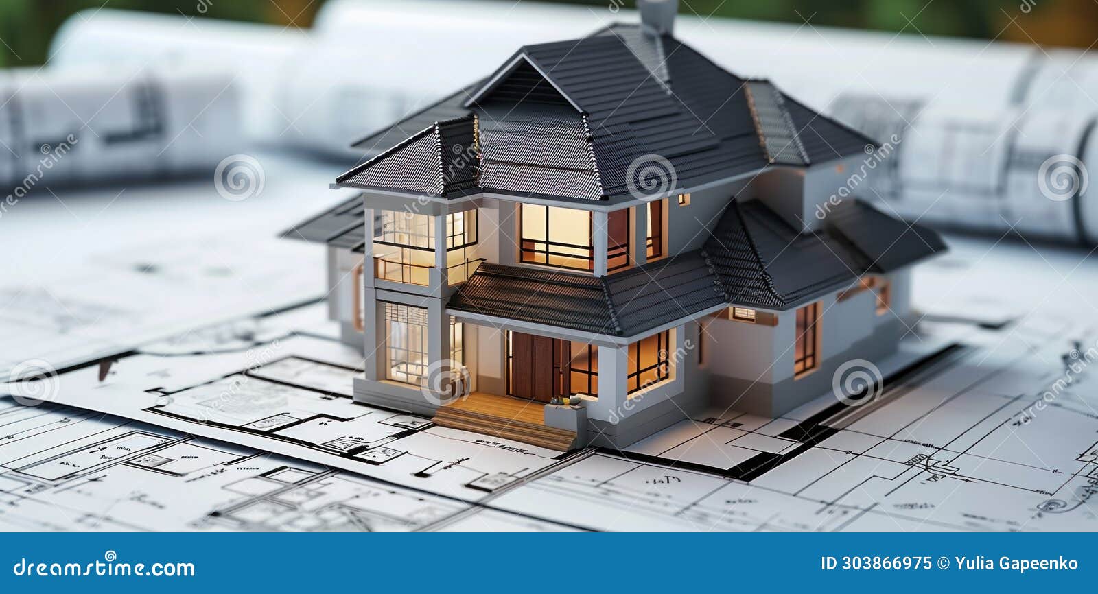 A Model Home Sitting on a Table with Various Architectural Drawings ...